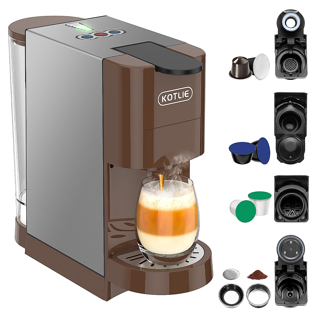 KOTLIE Multifunctional 5in1 Espresso Machine, 19Bar Pressure Single Serve Coffee Maker for NES* Original/Dolce Gusto/K cup/Ground Coffee/illy 44mm ESE, Cold&Hot Brew, Level 7 watervolume (AC-513HF)