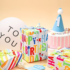 LeZakaa Reversible Birthday Wrapping Paper Jumbo Roll - Happy Birthday Lettering & Stripe - 24 inches x 100 Feet (200 sq.ft.)