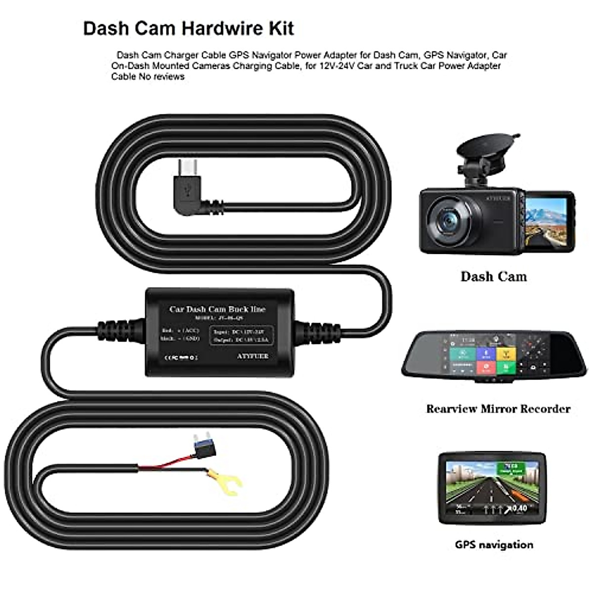 ATYFUER Dash Cam Hardwire Kit GPS Charger Cable GPS Navigator Charger Cable Mini USB Hard Wire Kit Dash Cam Power Cable for 12V Car and 24V Truck（11.5ft）