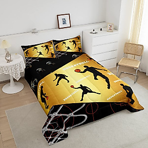 Sports Themed Comforter Sets for Teens Youth,Golden Black Basketball Bedding Sets Kids Gift,Basketball Player Sketch Duvet Insert,Geometric Ball Game Pattern Down Comforter with 2 Pillow Shams,King