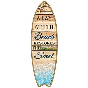 SJT ENTERPRISES, INC. A Day at The Beach restores The Soul Plank Style Surfboard MDF Wood plaques, Signs - Measure 5" x 16" Size (SJT01692)