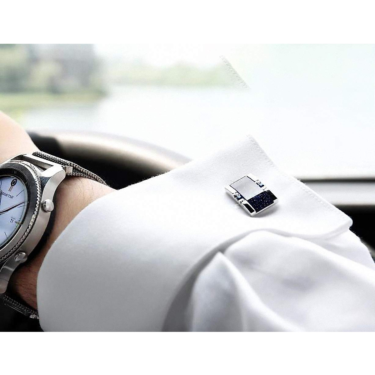 BagTu Starry sky Cufflinks and Tie Clip Set with Gift Box and Greeting Card, Galaxy Dark Blue Cufflinks and Tie Clip Gift Set for Men