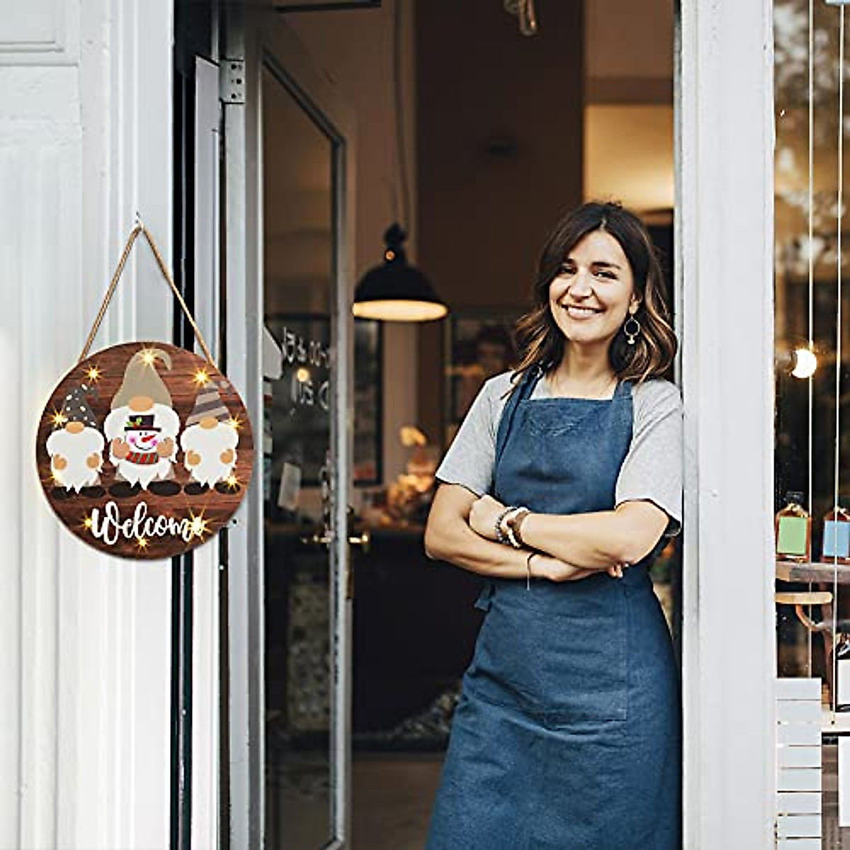 Interchangeable Seasonal Gnome Welcome Sign for Front Door Decor Rustic Wooden Welcome Sign with 10 LED Lights,12 Inches Modern Farmhouse Wall Home Sign for Holiday Halloween Thanksgiving Christmas