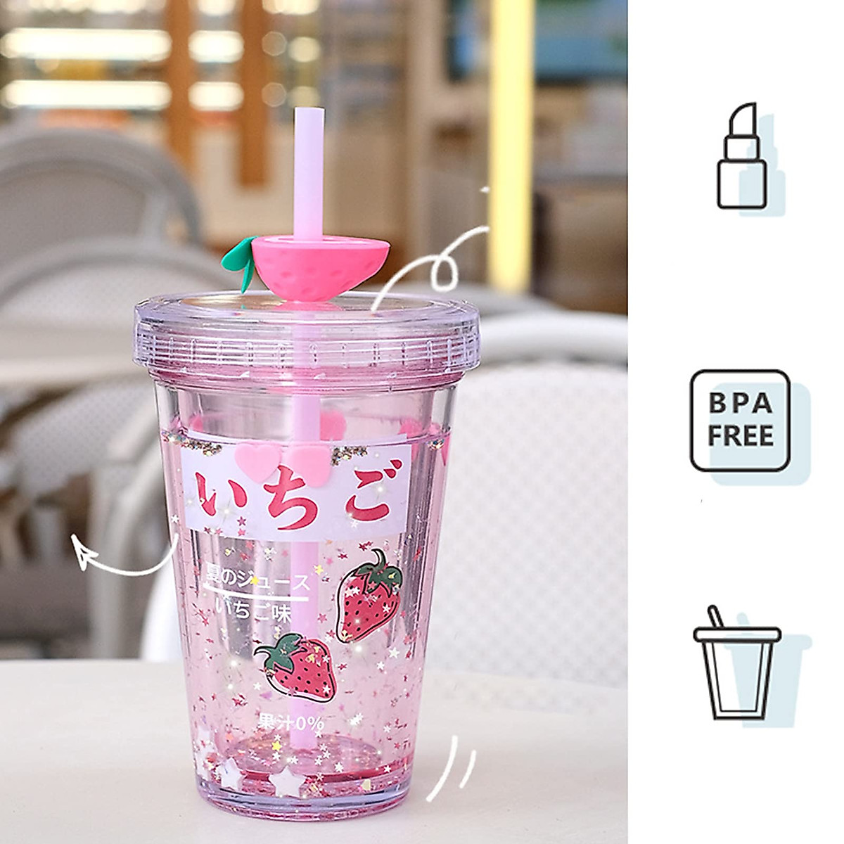 Meideli 15oz Kawaii Water Bottle With Straw Glitter Double Wall Water Bottle With Straw Kawaii Cup Strawberry Water Bottle Kawaii Cups Kawaii Stuff Avocado Gifts Pink