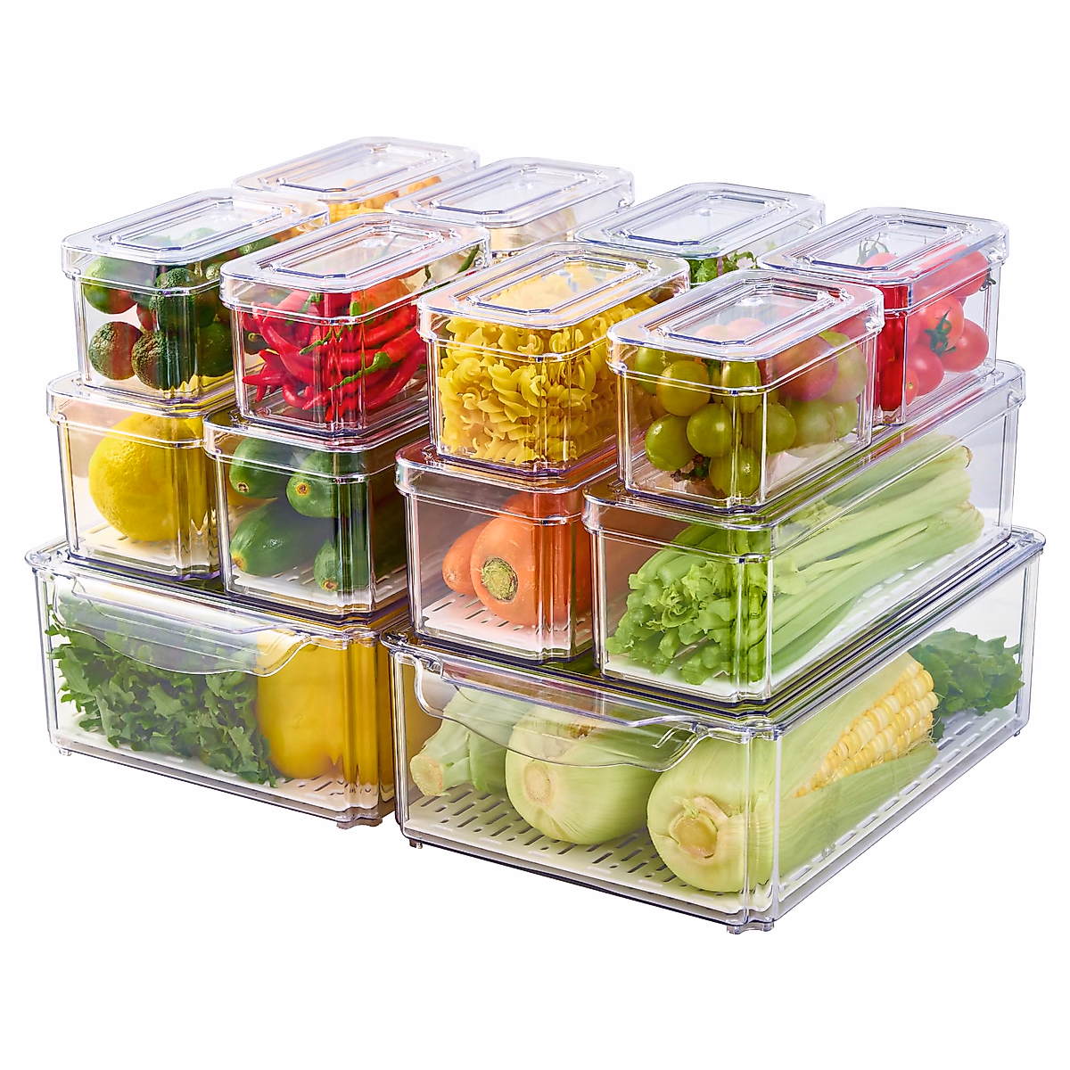 JollyPack 14 Pack Fridge Organizers, Refrigerator Organizer Bins with Lids, BPA Free Stackable Fruit Storage Containers for Fridge, Vegetables, Food and Drinks