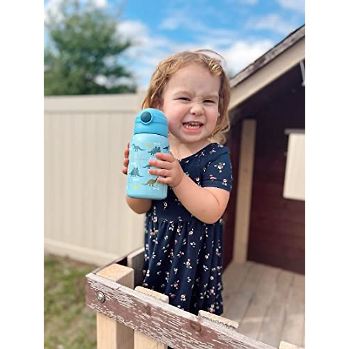 MIRA 15 oz Kids Stainless Steel Water Bottle - Thermos Insulated Flask Keeps Cold - One Touch Straw Lid Cap, Blue - Planets