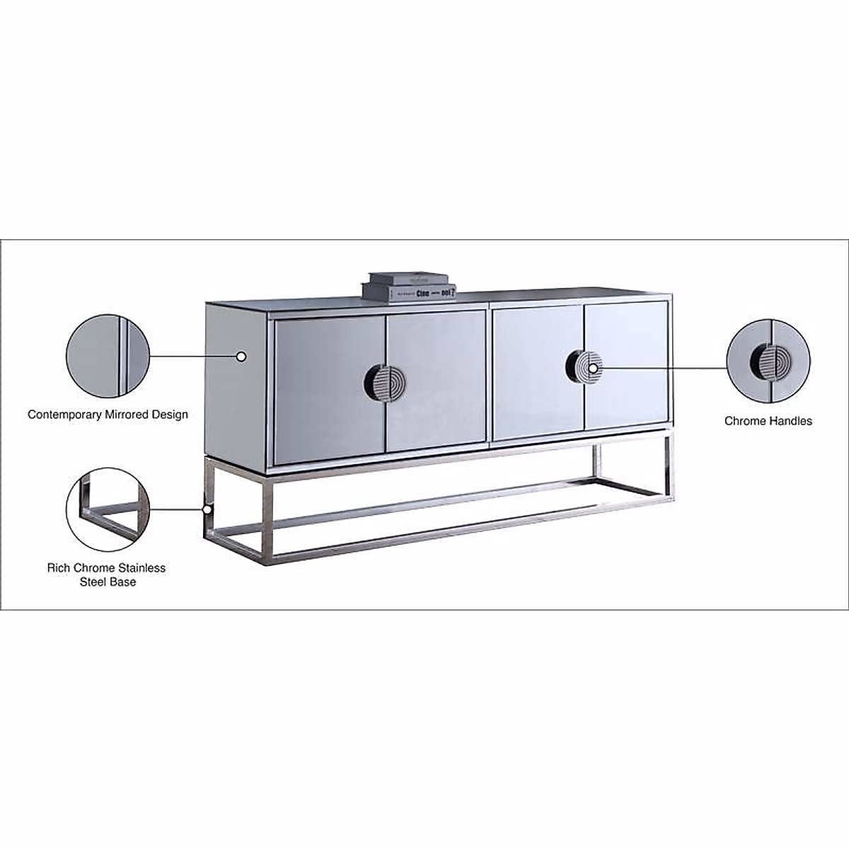 Meridian Furniture Marbella Collection Modern | Contemporary Mirrored Sideboard Buffet, Polished Chrome Stainless Steel Base, 64" W x 16" D x 31" H, Cabinet