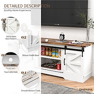 oneinmil 58 Inch Farmhouse TV Stand, Modern Rustic Entertainment Center with Sliding Barn Door and Storage Cabinets, Metal Media TV Console with Shelf for TVs up to 65 Inch in Living Room, White