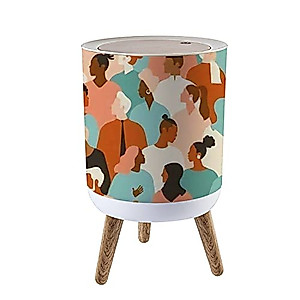 Small Trash Can with Lid Crowd of Young and Elderly Men and Women in Trendy Hipster Clothes Wood Legs Press Cover Garbage Bin Round Simple Human Waste Bin Wastebasket for Kitchen Bathroom Office