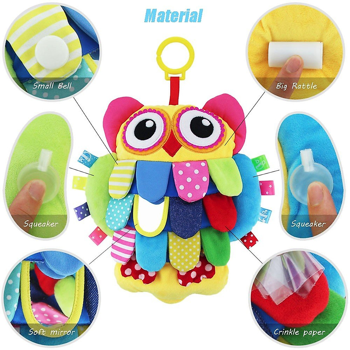 teytoy My First Baby Toys-Who Do You See, Baby Crinkle Activity and Teething Toy with Multi-Sensory Rattle and Textures, Owl