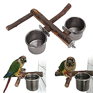 Bird Feeding Bowl Bird Feeding Dish Cup Stainless Steel Bowl with Wood Bird Stand Perch for Parakeet Budgies Lovebirds and Parrot