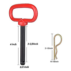 2 Pcs 1/2 inch Red Handle Hitch Pin Accessories for Tractors,Clevis pin (1/2 x 3-5/8)
