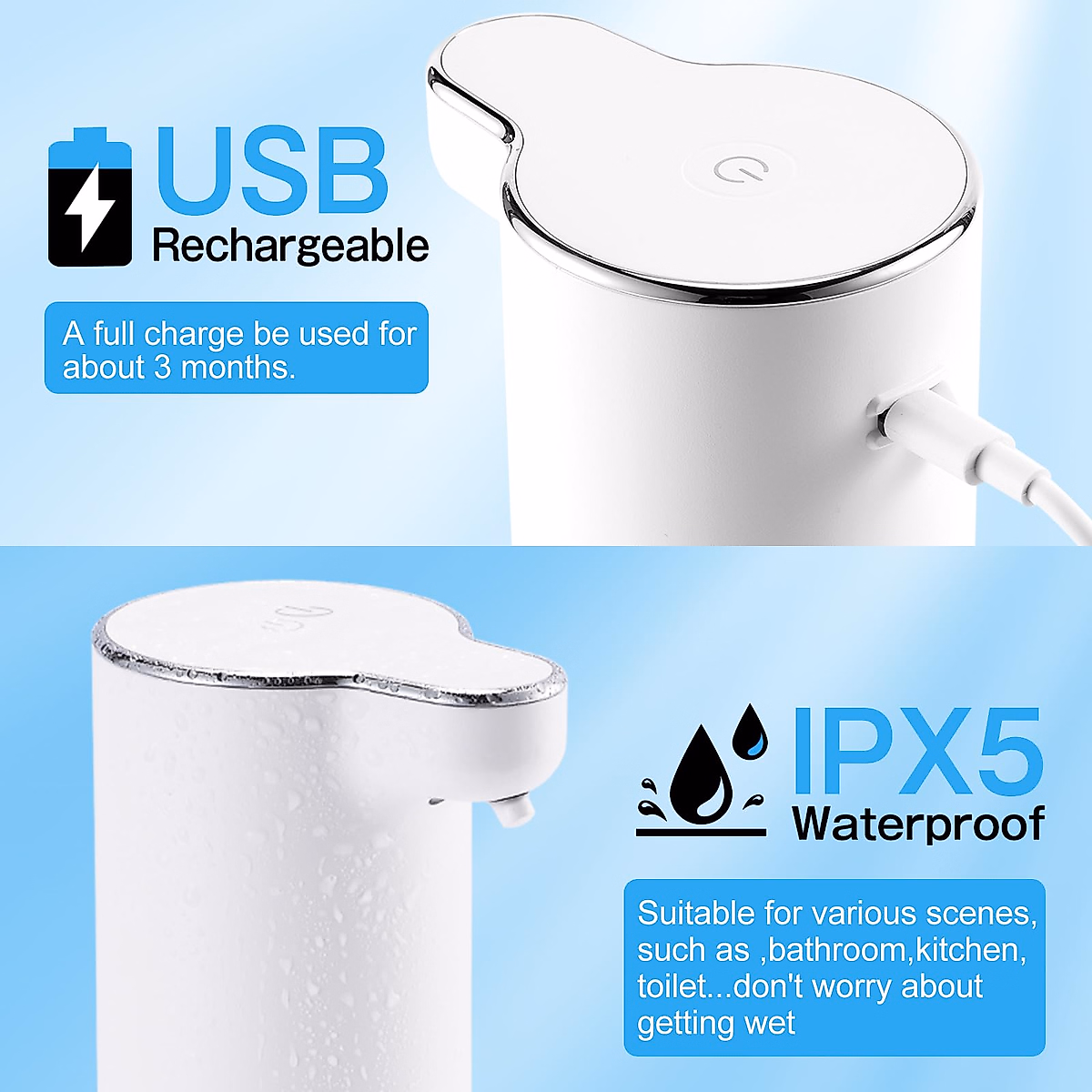 Automatic Foam Soap Dispenser Touchless: Rechargeable Soap Dispenser Wall Mount White