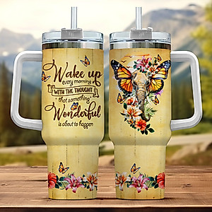 99OWL Elephant Hibiscus Tropical Floral, Elephant Gifts, Women Handle Tumblers Yellow For Butterfly Coffee Adults Funny Flower, Tumbler 40 Oz With Handle Lid And Straw