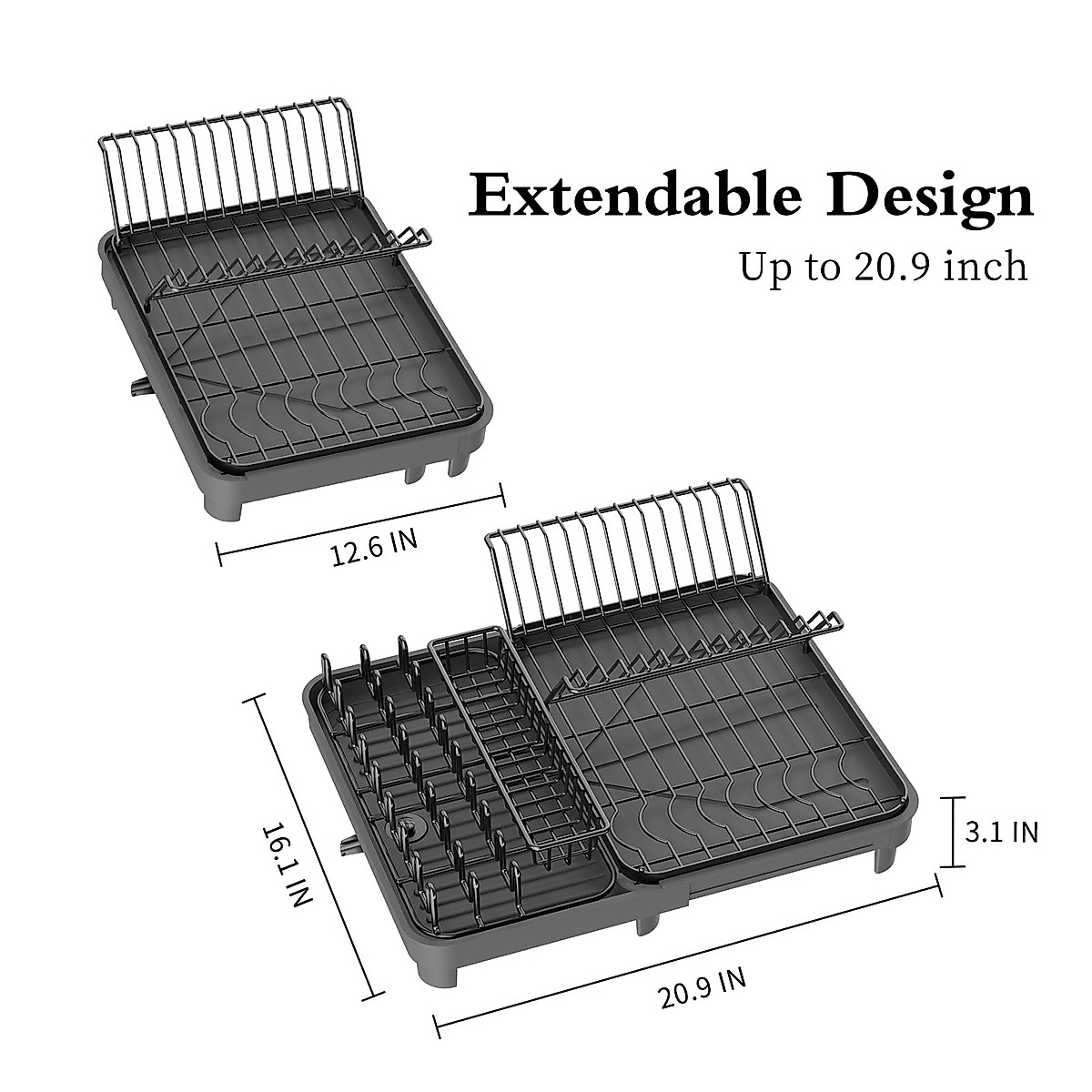 YEPATER Extendable Dish Rack, Large Dish Drying Rack with Drainboard,Cup Holder,Cutlery Drawer Organizer,Collapsible Dish Drainer for Kitchen Counter