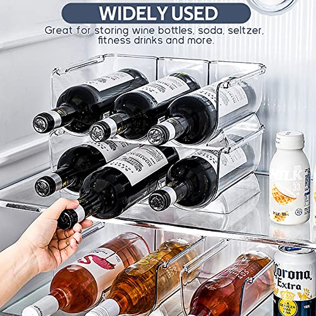 GELBEKUH 4 Pack Water Bottle Storage Stackable Water Bottle Organizer Water Bottle Rack, Soda pop, Sports Drinks, Wine, Bottle Holder for Kitchen, Cabinet, Countertop, Fridge (Clear)