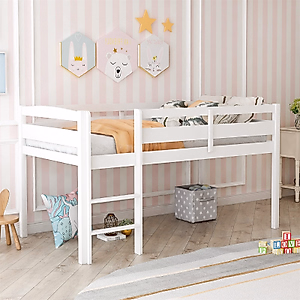 Bellemve Low Loft Bed Twin Size Wooden Loft Bed Frame with Ladder for Kids Girls Boys Teens, White