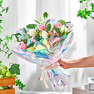 Seajan 32 in x 200 ft Iridescent Cellophane Wrap Roll, Rainbow Wrapping Paper Holographic Cellophane Wrap for Baskets Fairy Wings Flower Bouquet DIY Treats Christmas Gifts Wrapping(Iridescent)