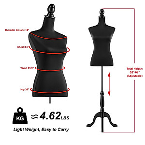 HAORUI Dress Form Mannequin Torso with Adjustable Tripod Stand, Pinnable Female Mannequin Body Manikin for Sewing, Dressmaker, Home Decor, Jewelry Display (Black)