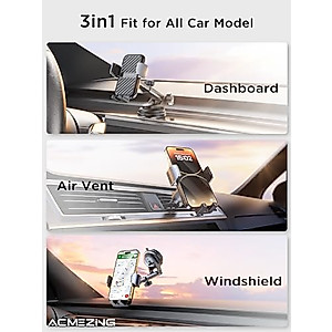 ACMEZING 3-in-1 Car Phone Holder Mount 【Extreme Terrain Stability】 Dashboard Windshield Air Vent 【Double Metal Hook】 Cell Phone Holders for Your Car for iPhone Samsung All Smartphones & All Car Model