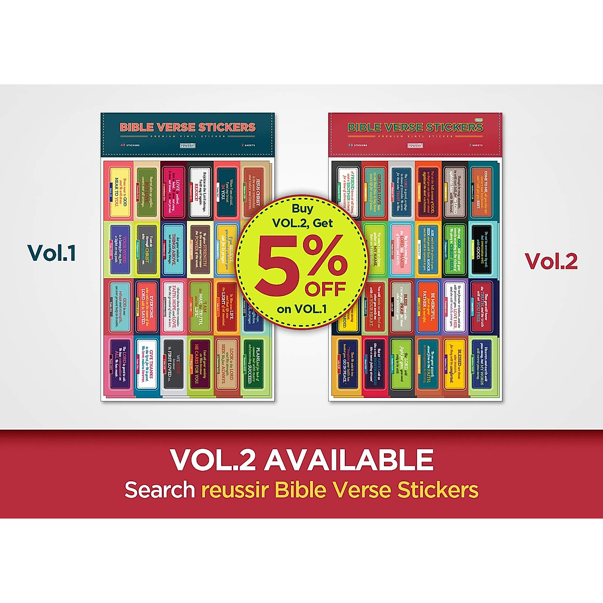 reussir Bible Verse Stickers (Set of 48 Stickers with 24 Inspirational Christian Quotes) 1" x 2.5" Scripture Stickers