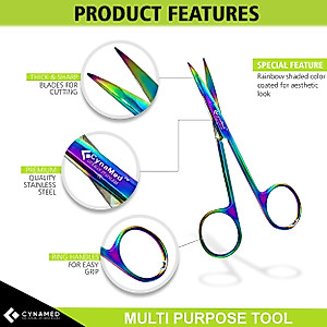 Cynamed Set of 2 Iris Micro Dissecting Scissors with Multicolor/Rainbow Titanium Coating Premium Quality Instrument - Perfect for Fine Precision Tissue Dissection Suture Removal (Straight and Curved)