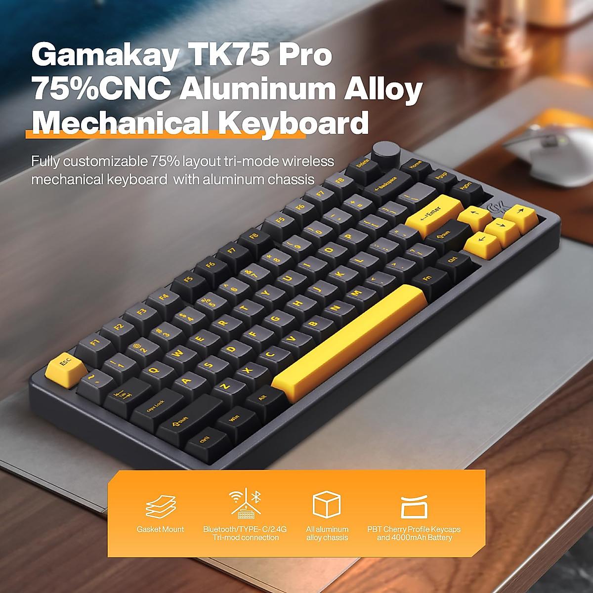 GK GAMAKAY TK75PRO Aluminum Alloy Mechanical Keyboard, Gasket Mounted, Hot Swappable KTT Hyacinth Switch 2.4GHz Wireless BT5.0/USB-C 75% 81 Keys Custom RGB Gaming Keyboard for Win/Mac (Blue)