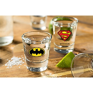 DC Comics Justice League Shot Glass Set - 2 oz. Capacity - Set of 4 Shot Glasses - Superman, Batman, Wonder Woman, Flash Clear
