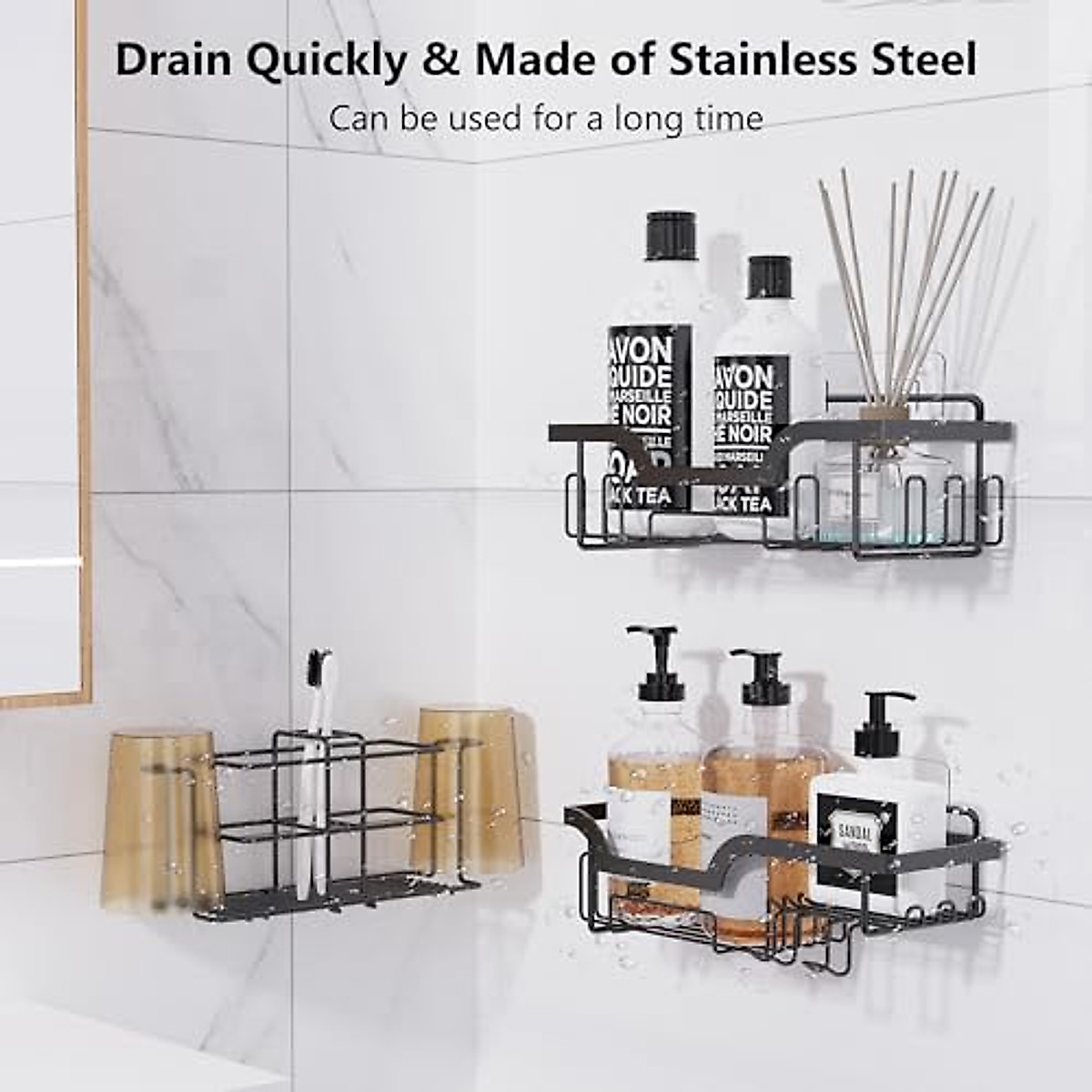 Honsdom Shower Caddy 3 Pack, Adhesive Shower Organizer, No Drilling, Rustproof Shower Rack with Hooks & Cup Holder & Toothbrush Holder, Shower Shelf for Bathroom Shower Storage Organizer (Black)