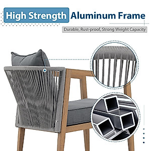 JOIVI Aluminum Outdoor Patio Furniture Set, 3 Pieces Outdoor Bistro Set with Wood Grain Finish, Rope Patio Sofa Set for 2 with Armchair and Side Table, for Deck, Backyard, Porch