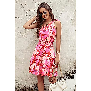 PRETTYGARDEN Women's Summer Tie One Shoulder Boho Floral Dress Elastic Waist Tiered Ruffle A Line Flowy Mini Dresses (Print Pink,Medium)