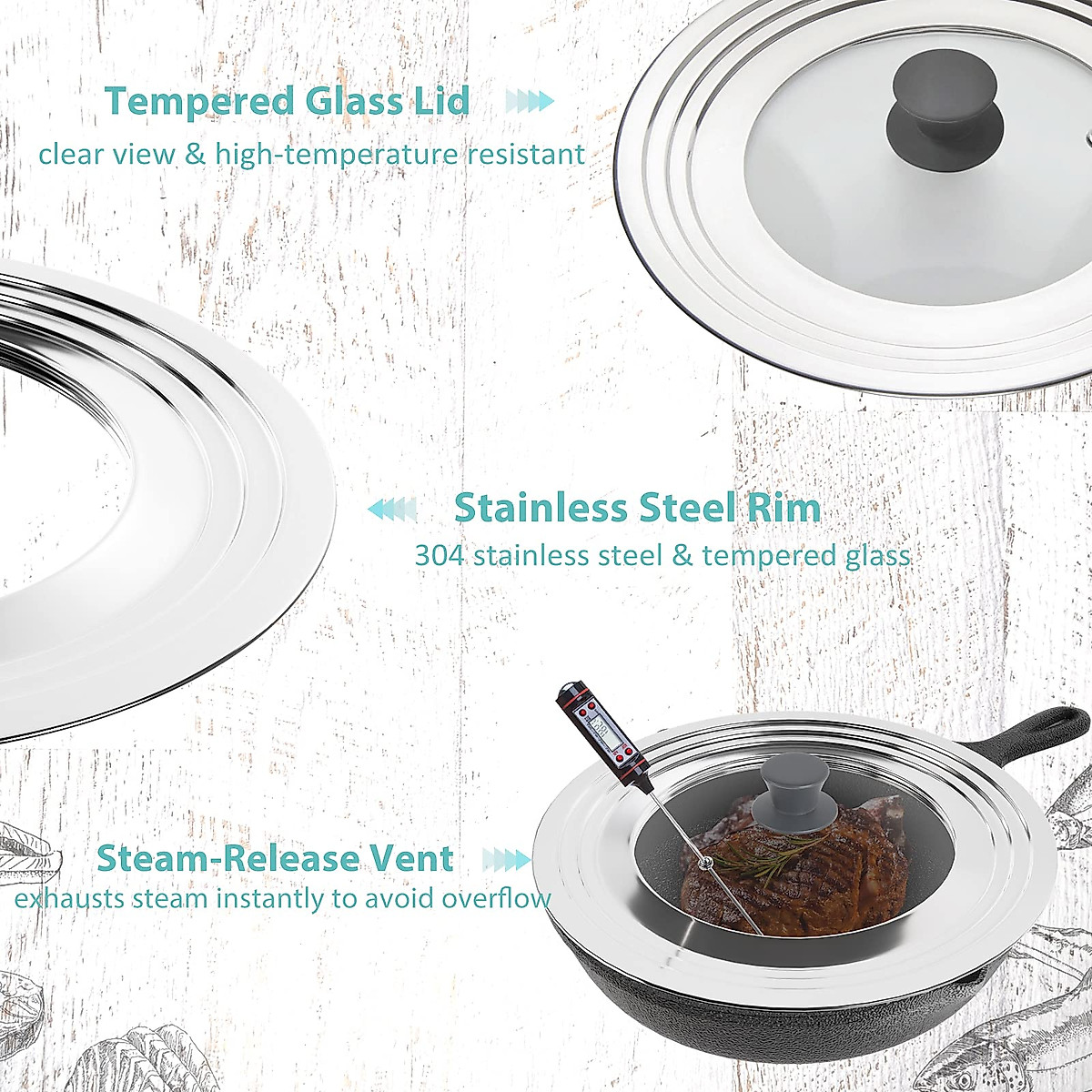 WishDirect Universal Lid for Pots Pans and Skillets - One Lid Fits All 8.25-12 Inch Pots Frying Pans Skillets Woks, Replacement Pot Lid with Upgraded Heavy Duty Heat Resistant Silicone Handle, Gray