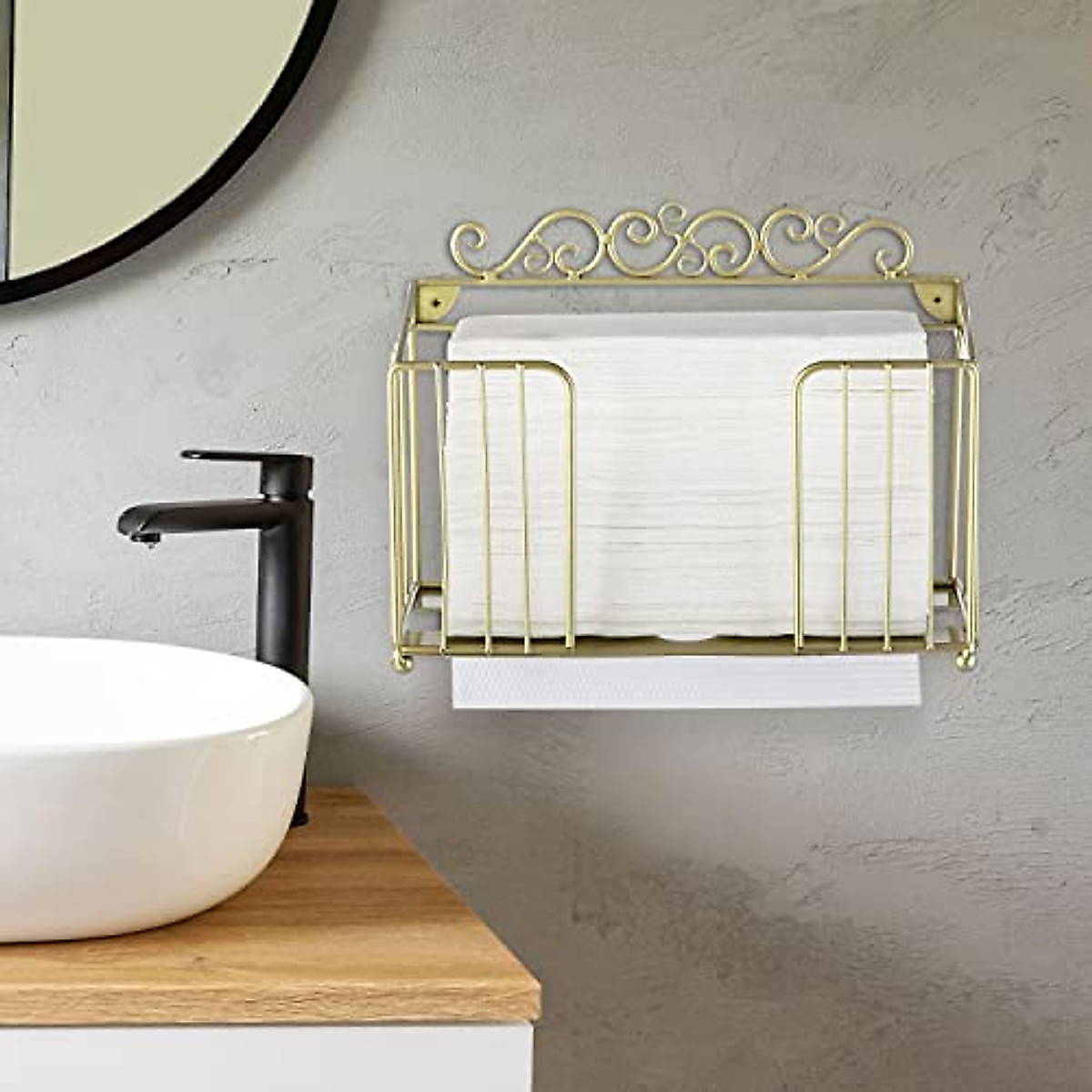 MyGift Vintage Brass Tone Metal Folded Paper Towel Holder with Scrollwork Design - Wall Mounted Trifold Z-Fold Disposable Napkin Dispenser Rack