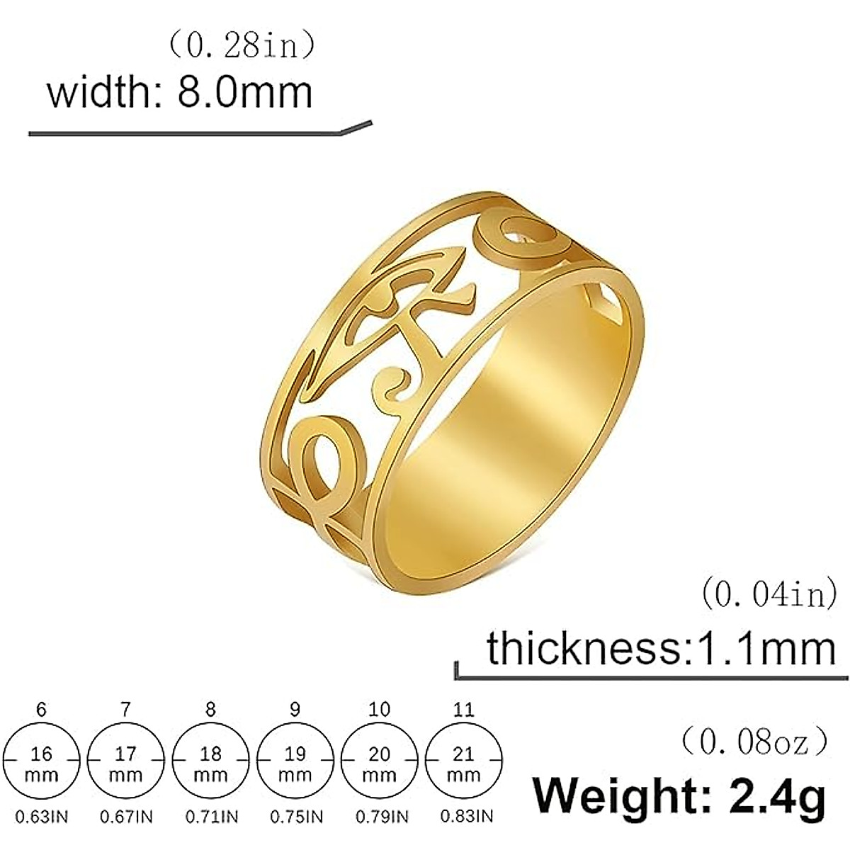 SIPURIS Egypt Eye of Horus Ring Egyptian Ankh Cross Anxiety Spinner Ring Stainless Steel Men's Ring Rotating Fidget Ring Stress Relieving Wedding for Women Couple Promise (8, Gold)