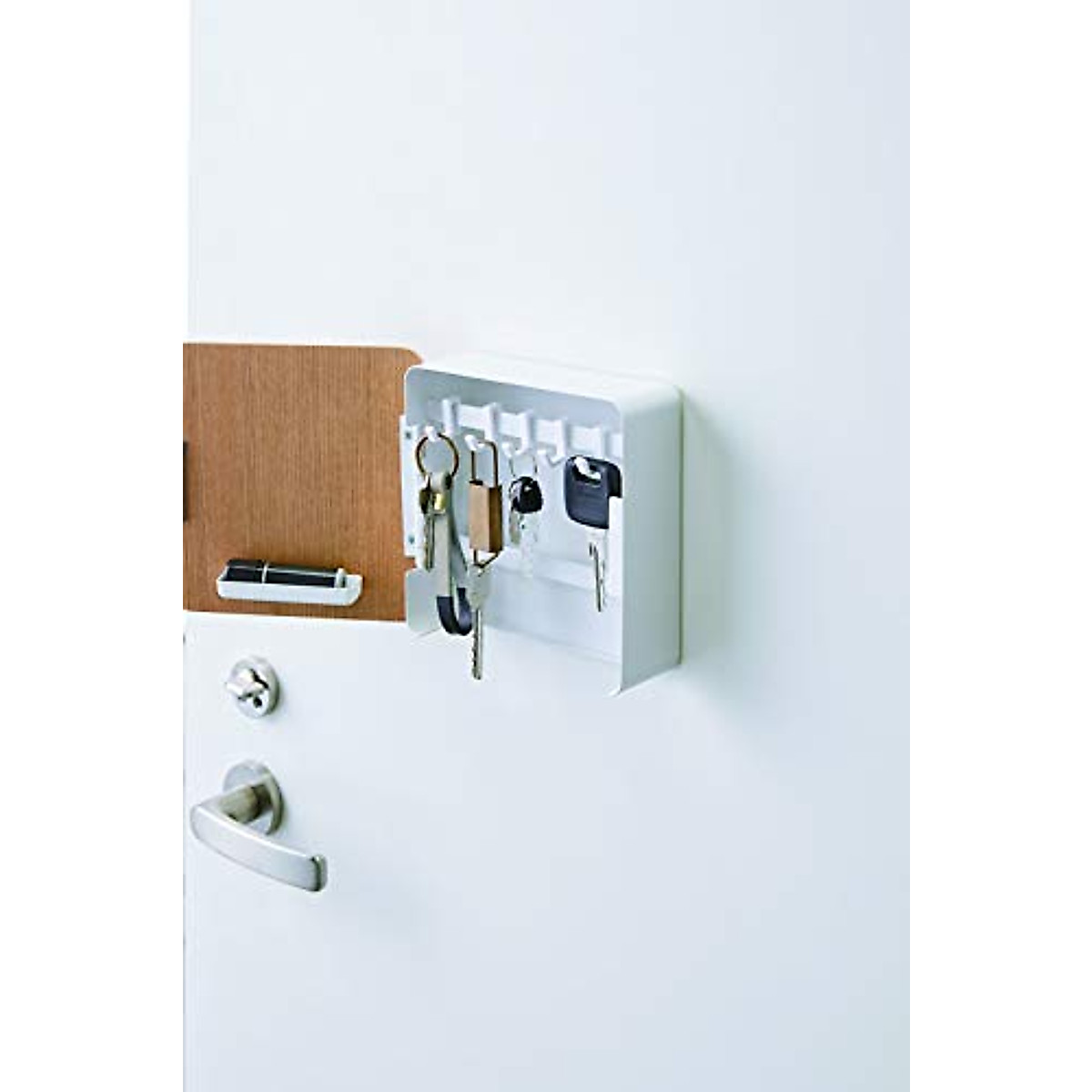 Yamazaki Home Square Magnetic Cabinet Accented Keychain Organizer | Steel + Wood | Key Storage, One Size, Ash