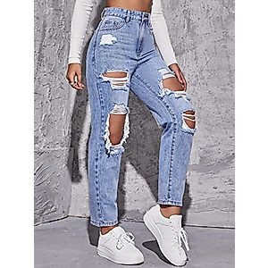 MakeMeChic Women's High Waist Straight Leg Ripped Jeans Distressed Denim Pants Light Wash M