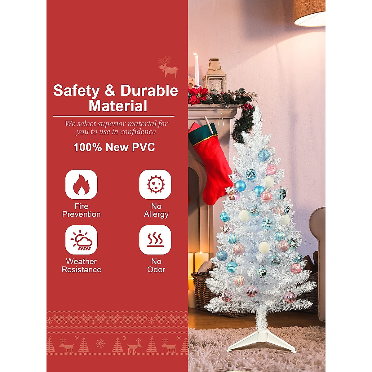 3FT Artificial Christmas Tree, White Christmas Tree with Stand Small Christmas Tree with Lights Xmas Tree with 88 Branch Tips for Indoor and Outdoor