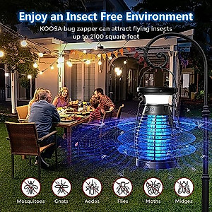 Solar Bug Zapper Outdoor Waterproof, KOOSA Cordless & Rechargeable Mosquito Zapper with 4200V High Powered UV Light, 3 in 1 Fly Zapper Up to 2100 Sq Ft Can Attract Gnats, Mosquitoes, Flies, Moths