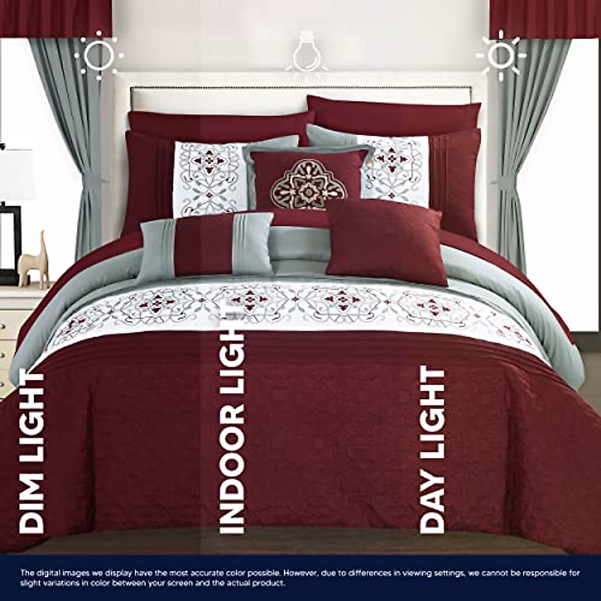 Chic Home BCS06738-AN Emily 20 Piece Comforter Set Color Block Floral Embroidered Bag Bedding, King, Burgundy