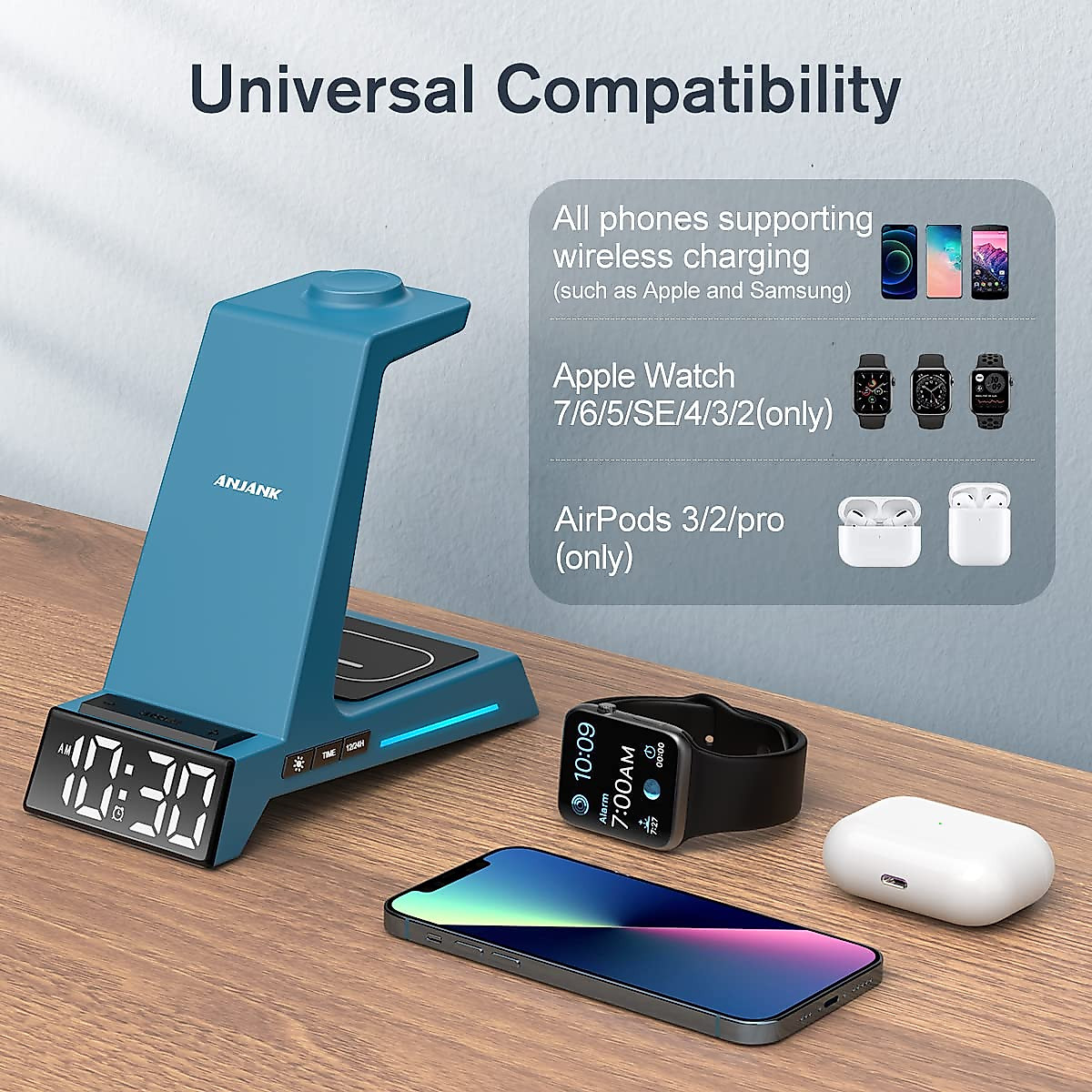ANJANK Wireless Charging Station for Multiple Devices Apple, 3 in 1 Wireless Charger Stand with Alarm Clock, Charging Dock for iwatch/AirPods/iPhone 14/13/12/11/Pro/Max/XR/XS/8 Plus/Samsung Phone