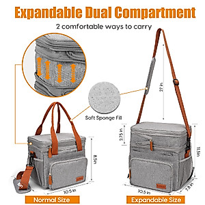 Lunch Bag for Women Men, Expandable Dual Compartment Lunch Box with Utensil Pouch, Reusable Insulated Lunch Cooler Bags with Shoulder Strap, Adult Large Lunch Bag for Work School Picnic Beach