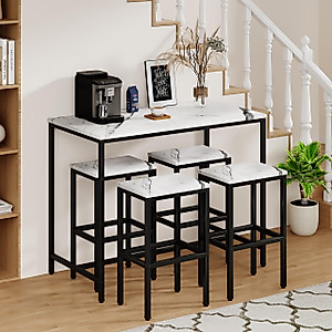 Yongchuang 5 Piece Bar Table Set, Kitchen Bar Table and Chairs Set of 4, Modern Metal Counter Height Table with Stools for Dining Room, Living Room Breakfast Table White Faux Marble Wood Top
