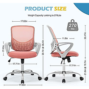 Ergonomic Office Chair - Home Desk Mesh Chair with Fixed Armrest, Executive Computer Chair with Soft Foam Seat Cushion and Lumbar Support, Pink