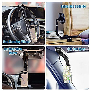 Sun Visor Phone Holder for Car, Multifunctional 360° Rotating Sun Visor Cell Phone Holder, Universal Retractable Rearview Mirror Steering Wheel Phone Clip Mount Compatible with iPhone/Samsung/Android