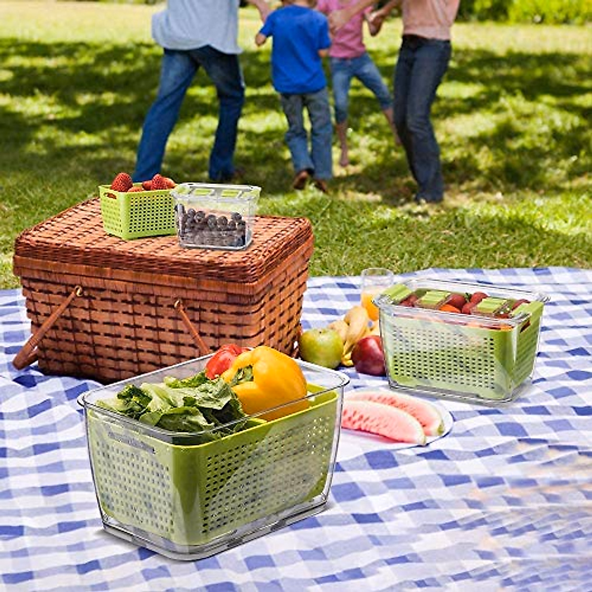 LUXEAR Fresh Container, 3PACK Produce Saver Container BPA Free Fridge Organizer for Vegetable Fruit and Salad Partitioned Food Storage Container with Vents Stay Fresh Containers Not Dishwashers Safe