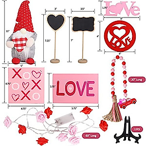 CAKKA Valentines Day Tiered Tray Decor, 11 PCS Red Gnome Pink XO Love Wooden Sign Writing Board Bead Rose Light, Valentine's Day Table Decor Ornament for The Home, Valentines Day Decor Decoration