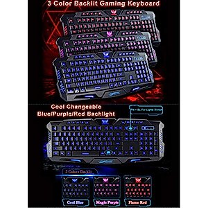 Tri-Color Backlit Gaming Keyboard USB Wired Floating Keyboard, Powered Full N-Key Game Keyboard, Quiet Ergonomic Water-Resistant Mechanical Feeling Keyboard,for Desktop, Computer, PC（Black）