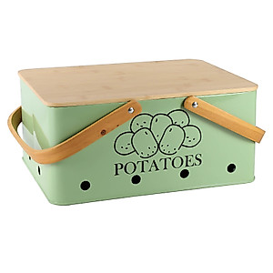 Xbopetda Potato Storage for Pantry, Metal Potato Storage Box with Bamboo Lid and Handle, Potato Bin Onion Storage with Aerating Holes, Kitchen Counter Organizer Container for Potato Onion Garlic-Green