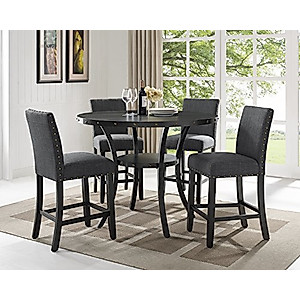 Roundhill Furniture Collection Biony Espresso Wood Counter Height Dining Set with Gray Fabric Nailhead Stools,