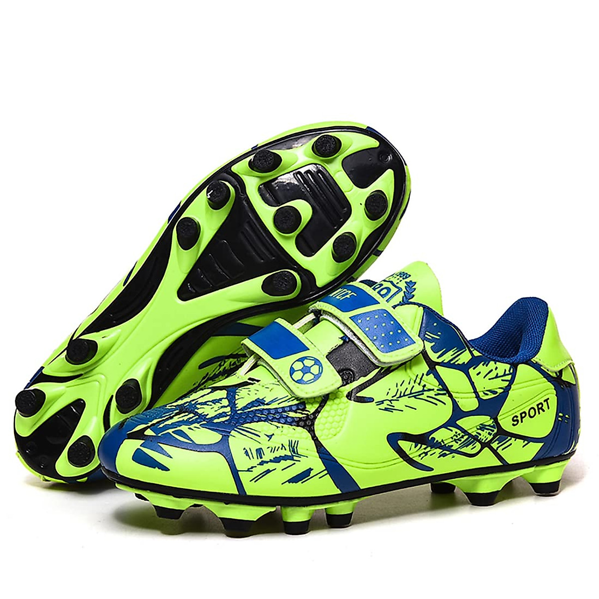 FUQIAO Kids Firm Ground Soccer Cleats for Boys Girls Outdoor Athletic Turf Shoes Indoor Football Trainning Sneakers, Green, 13.5 Little Kid